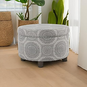 Homepop Home Decor | Upholstered Round Storage Ottoman | Ottoman with Storage for Living Room & Bedroom (Grey Medallion) 24.0 In. X 24.0 In. X 17.0 In.