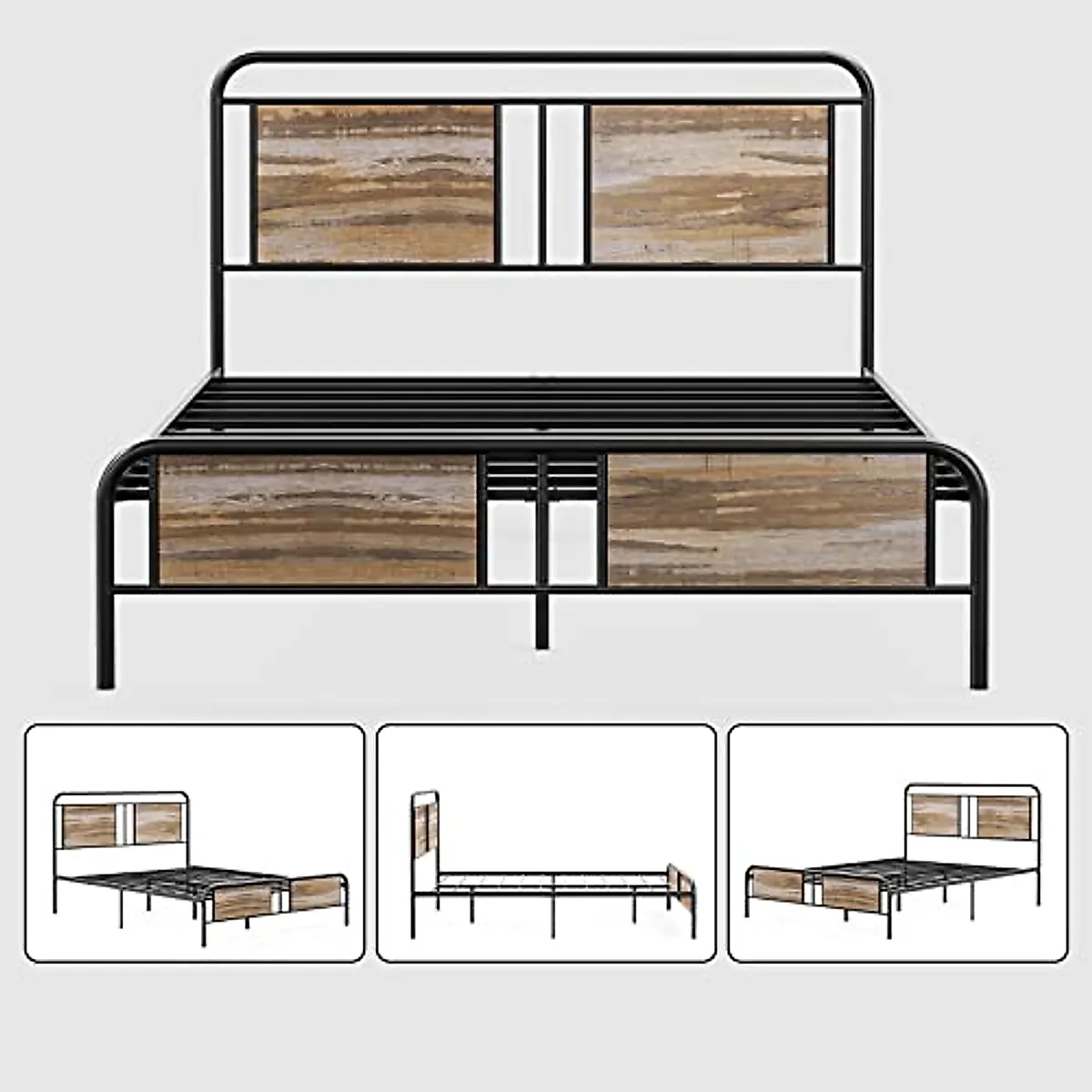 IKIFLY Metal Queen Size Platform Bed Frame with Industrial Wood Headboard/Footboard, Strong Metal Slats, Easy Assembly, Noise-Free, No Box Spring Needed - Wood Brown