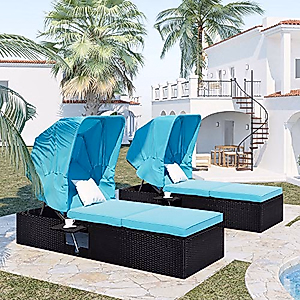 Merax Chaise Lounge Chair with Adjustable Canopy, Outdoor Reclining Chaise with Cushions & Flip-up Table, Patio PE Rattan Wicker Sun Lounger for Poolside (Blue Chaise x 2)