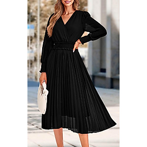 PRETTYGARDEN Wrap V Neck Spring Dresses for Women 2024 Long Sleeve Smocked Wedding Guest Dresses Flowy Pleated Midi Dress (Black,X-Large)