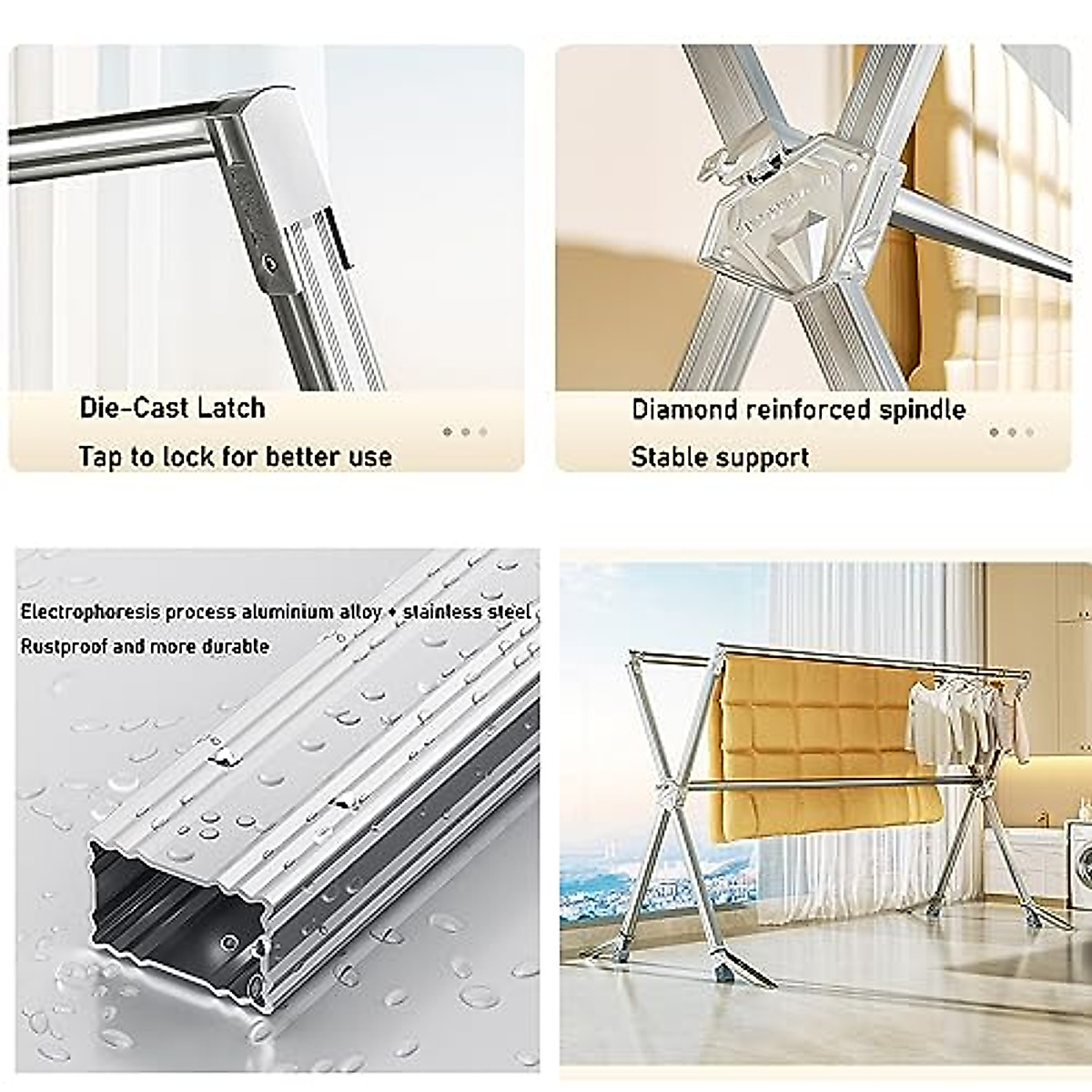 HJXGQJM Stainless Steel Laundry Drying Rack, Retractable Drying Rack,Foldable Portable Space Saving Clothes Drying Rack, for Laundry, Bathroom, Balcony, Windproof Feet for Stable Load Bearing