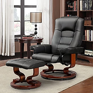 AVAWING Recliner Chair with Ottoman Adjustable Swivel Chair with Footrest 360° Swivel PU Leather Reclining Chair with Footrest for Living Room Recliner and Ottoman with Wood Base, Black