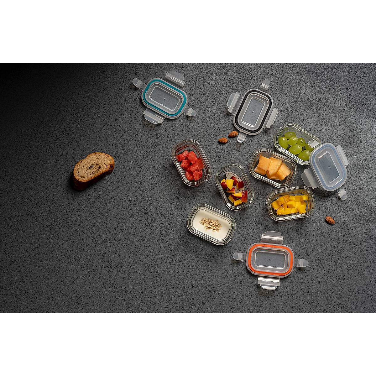 GENICOOK Borosilicate Glass Small Baby-Size Meal and Food Storage Containers, Rectangular Shape - 12 pc Set (6 Containers - 6 Matching Lids)