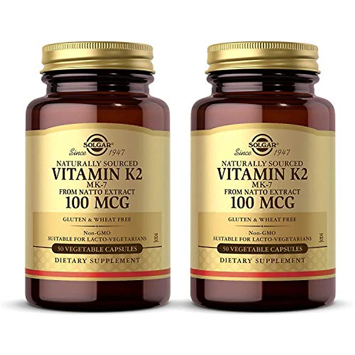 Solgar Natural Vitamin K2 (MK-7) 100 mcg, 50 Vegetable Capsules - Pack of 2 - Supports Bone Health - Natural Whole Food Source from Natto Extract - Non-GMO, Gluten Free - 100 Total Servings