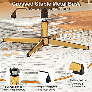 HomVent Armless Office Desk Chair No Wheels, PU Leather Tufted Padded Cute Desk Chair, Modern Ergonomic Computer Desk Chair w/Gold Cross Base,Adjustable Swivel Desk Chair for Makeup Vanity Study Black