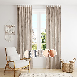 THE ART BOX Natural Linen Gauze Tab Top Semi Sheer Blackout Striped Curtains for Bedroom Light Filtering Linen Substitute Window Home Décor Curtain, Black on Beige, 2 Panel Set (63 x 42 inches Each)