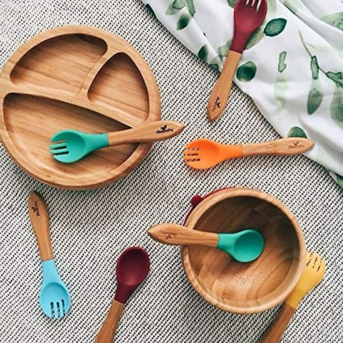 Avanchy Feeding Bamboo Silicone Baby Training Spoons with Plate and Bowl