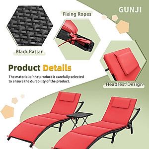 GUNJI Lounge Chairs for Outside 3 Pieces Patio Adjustable Chaise Lounge Outdoor Wicker Lounge Chairs Set of 2 with Table Folding Chaise Lounger for Poolside, Deck, Lawn (Red)
