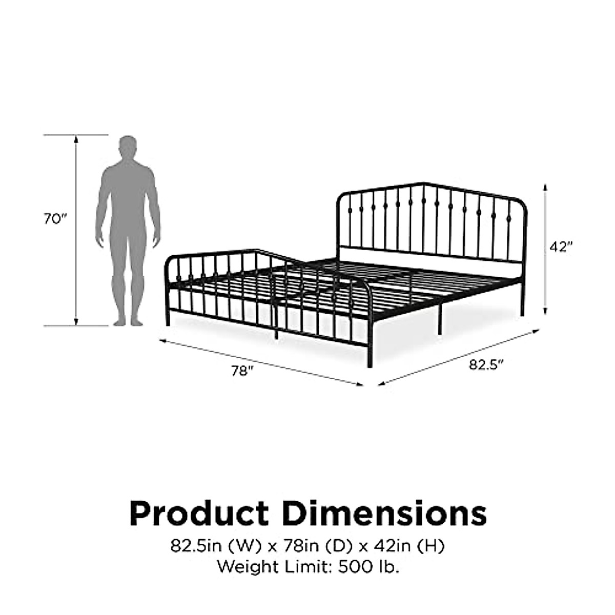 Novogratz Bushwick Metal Bed, Modern Design, King Size - Black