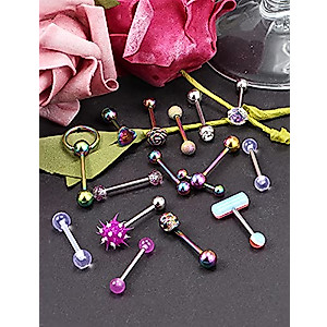 Prjndjw 14G Surgical Steel Tongue Rings for Women Men Teaser Double Barbell with Slave Ring Skull/Flower/Silicone Soft Spike Ball/CZ/Door Knocker/Pill Tongue Ring Piercing Jewelry 5/8inch Rainbow