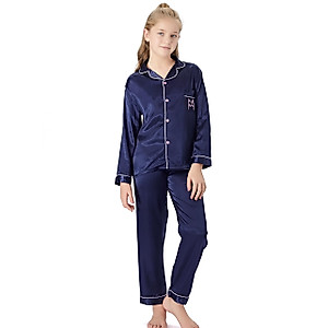 Topgal Junior Pajamas for Teen Girl - Satin Silky Button Up Cute Pyjama PJS Size 16 Navy