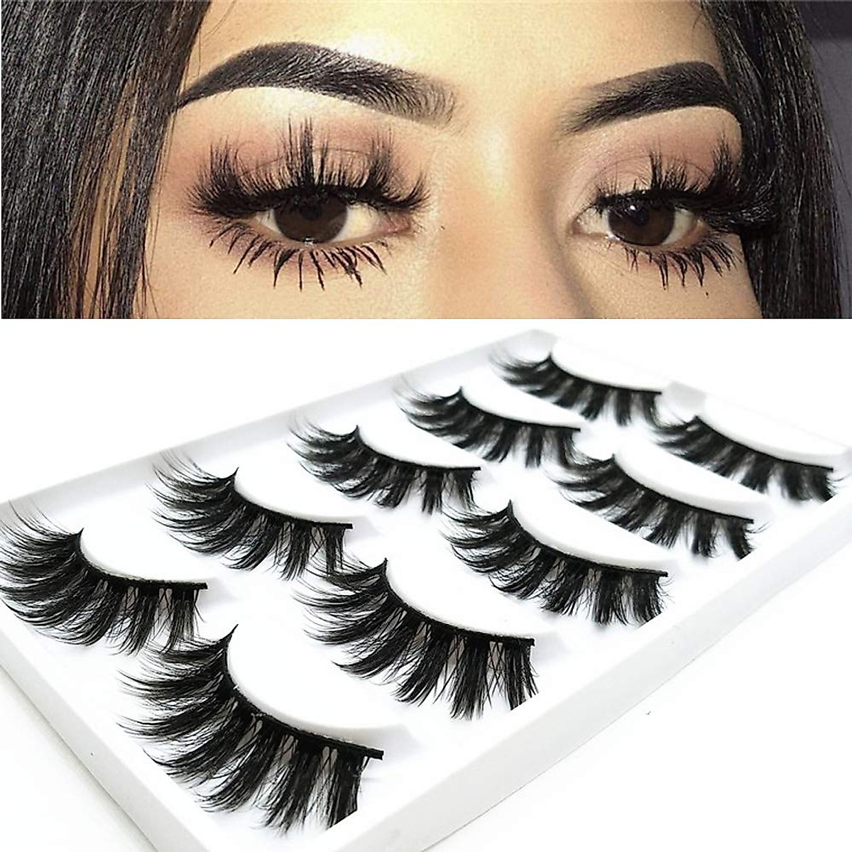 GGOKOK False Eyelashes 3D Faux Mink Eyelashes Handmade Luxurious Volume Fluffy Natural False Eyelashes Fluffy Long Soft Reusable Eyes Lashes Dramatic Eyelashes 5 Pairs