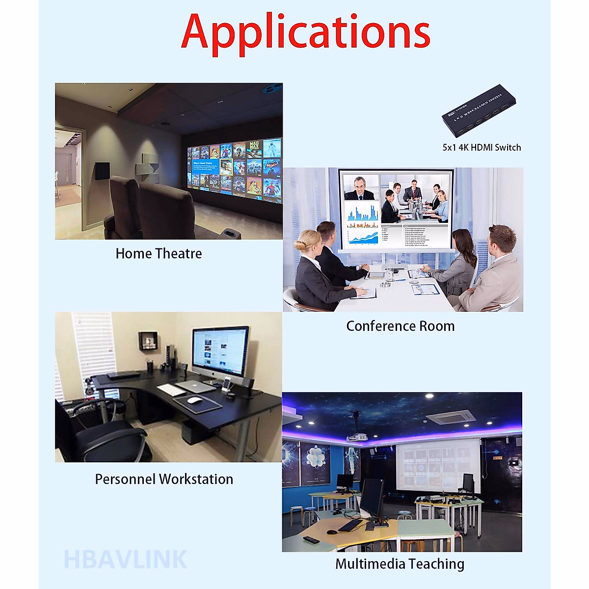 HDMI Switch Box 5 in 1 out- HBAVLINK 5 Port HDMI Switcher with Remote Video Switch Selector Hub for TV, Support HDMI 2.0 4K 60Hz 1080P 720P ARC CEC HDCP HDR for Roku Apple TV PS4 Xbox Blu ray Player