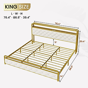 ADORNEVE King LED Bed Frame with Storage Headboard,Upholstered King Size Platform Bed Frame with Power Outlets & USB Ports,Velvet Tufted Headboard & Footboard,Noise-Free,Creamy White & Gold