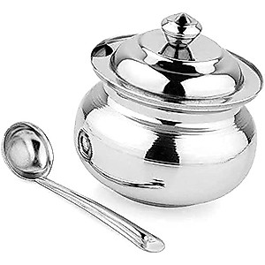Vaishnavi Creations Stainless Steel Ghee Pot With Spoon And Lid, Clarified Butter Storage Container Storage Pot For Ghee Sugar Salt etc, Silver, Length 3.2 X Width 3.2 X Height 2.5 Inch