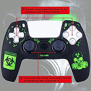 YoRHa Silicone Rubber Back Dots Carving Customizing Skin Cover for PS5 Dualsense Controller x 1(BH Green) with Pro Thumb Grips x 10
