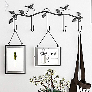 SUODAO Decorative Rustic Tree Branch & Birds Wall Mounted Metal 5 Coat Hook,Hanging Robe Hanger Leaf Coat Wall Decor Holder(Black)
