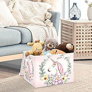 Kigai Valentine Unicorn Flower Lidded Home Storage Bins, Foldable Storage Basket with Double Handle, Flip-Top Storage Box for Toys Clothes Documents