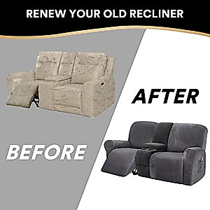 PrinceDeco 6-Pieces Recliner Loveseat Covers Velvet Stretch Recliner Couch Covers Sofa Covers for 2 Seat Dual Reclining Loveseat Couch 2 seat Love seat Recliner Cover, Thick, Soft, Washable, Grey