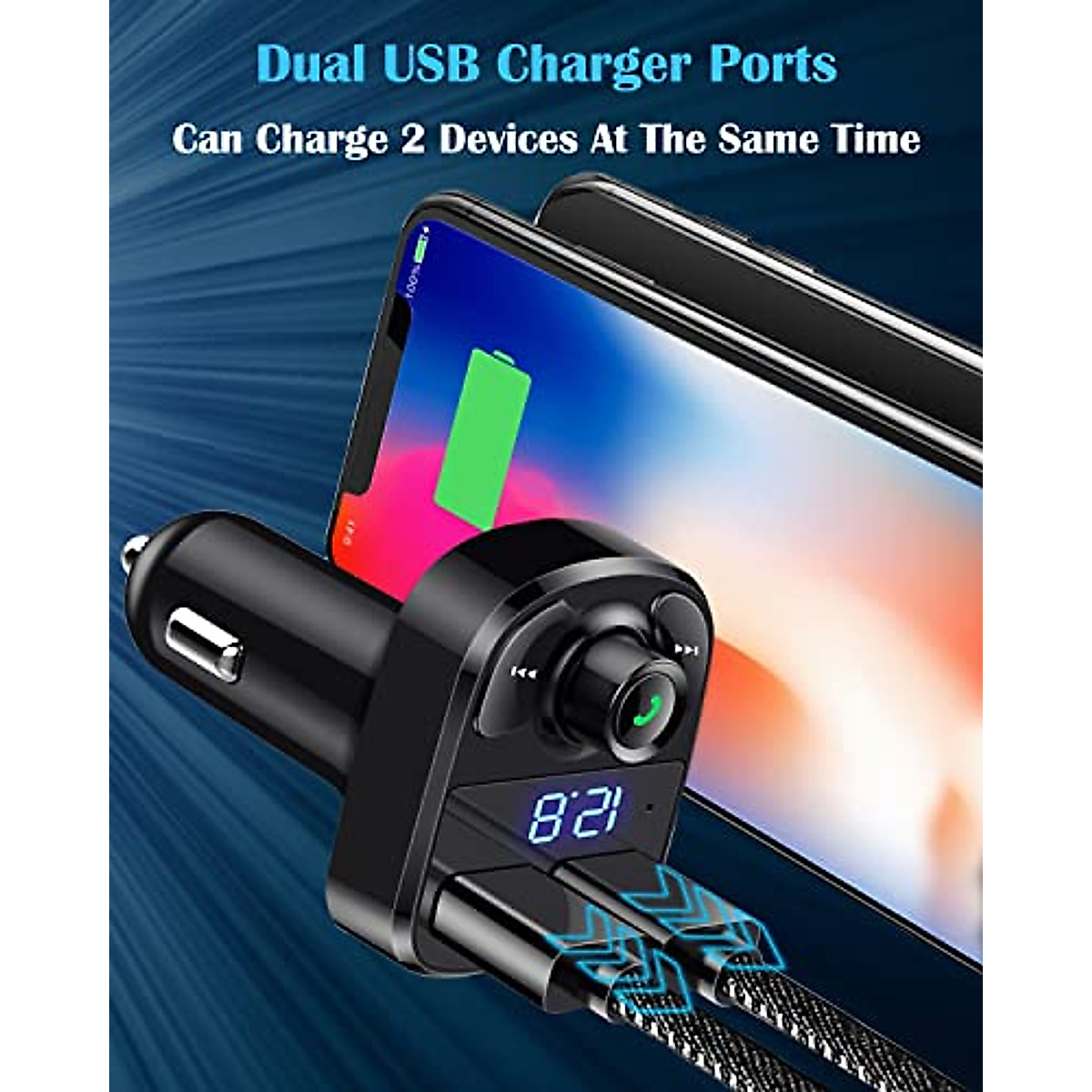 Handsfree Call Car Charger,Wireless Bluetooth FM Transmitter Radio Receiver,Mp3 Audio Music Stereo Adapter,Dual USB Port Charger Compatible for All Smartphones,Samsung Galaxy,LG,HTC,etc.