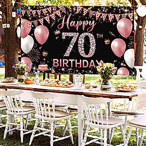 70th Birthday Decorations Backdrop Banner for Women, Rose Gold Happy 70th Birthday Decoration for Women, 70 Year Old Birthday Party Backdrop, 70th Birthday Theme Photo Props Fabric 6.1ft x 3.6ft PHXEY