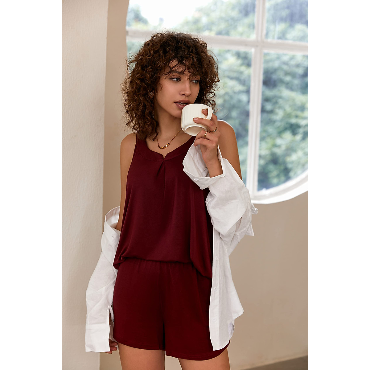 Ekouaer Pajamas Sets for Women Tank Tops with Shorts Sleepwear Nightwear Pj Set S-XXXL Wine Red