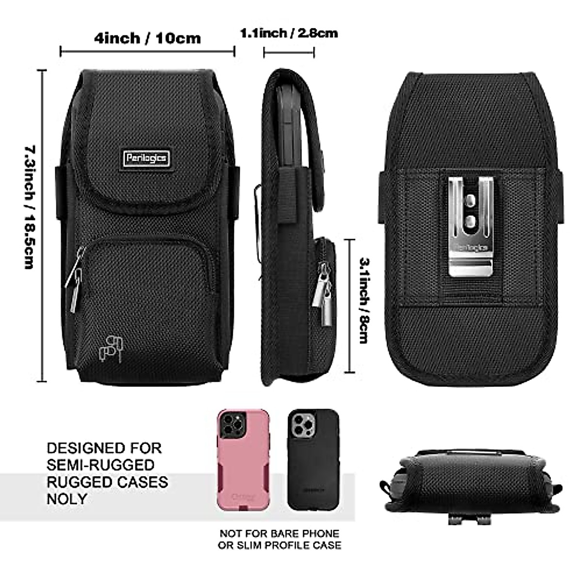 Perilogics Phone Holster with Magnetic Cover. Belt Clip Pouch for iPhone 15 Plus, 15 Pro Max, 14 Plus, iPhone 14 Pro Max, 13 Pro Max with Phone Case Installed. Zipper Storage and Credit Card Pocket