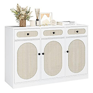 FOTOSOK Buffet Cabinet, Rattan Kitchen Cabinet with 3 Doors and 3 Drawers, Sideboard with Storage and Adjustable Shelves, Buffet Table for Dining Room Living Room Hallway