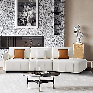 BAMOOLI 120'' Leather Curved Sectional Couches, Mid-Century Modern Leather Sectional Sofa Couches with 3 Pillows, Modular Sectional Couch Real Leather Sofas for Living Room, Bedroom, Apartment, Beige
