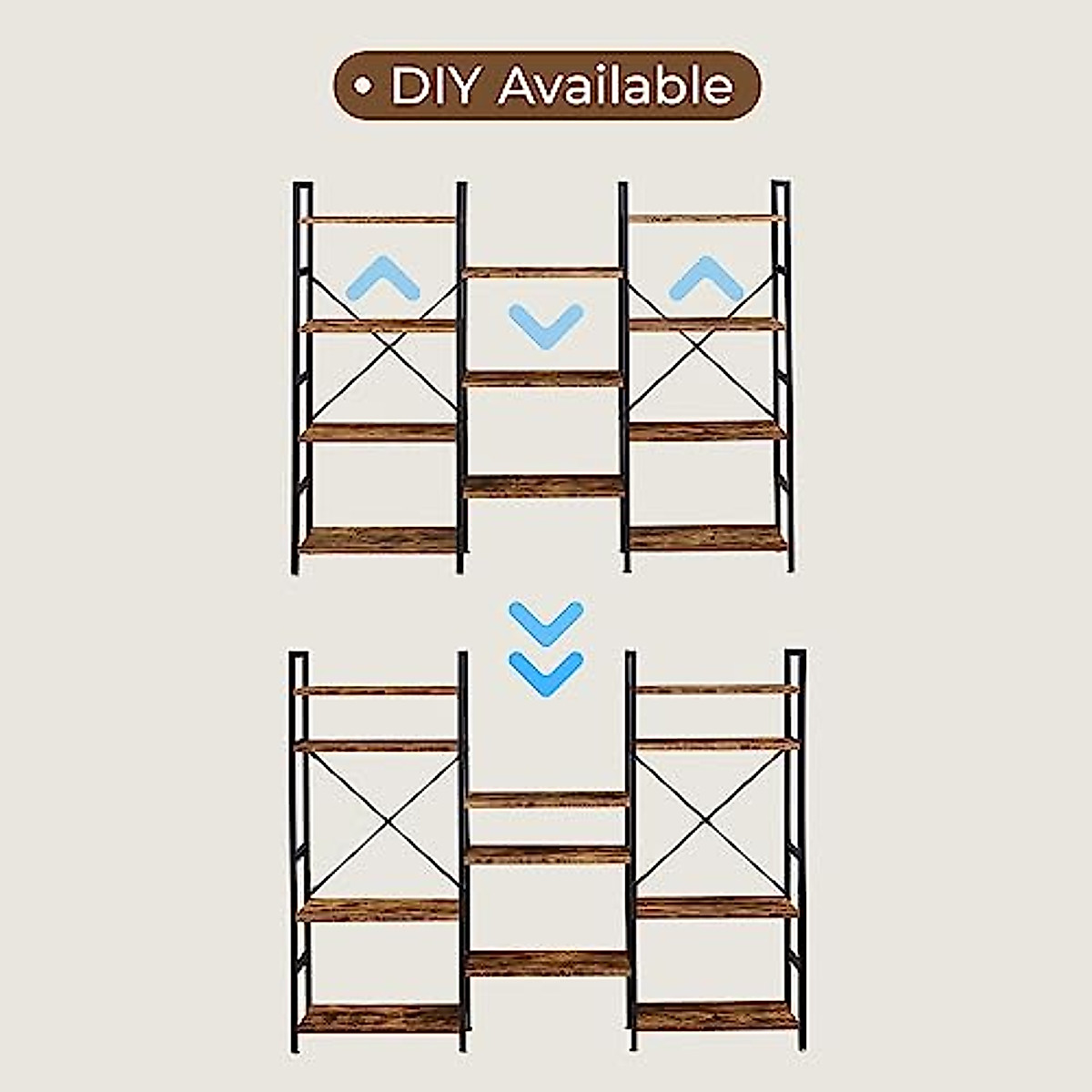 SUPERJARE Triple 4 Tier Bookshelf, Bookcase with 11 Open Display Shelves, Wide Book Shelf Book Case for Home & Office, Rustic Brown
