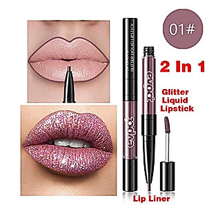 evpct 7Pcs Pink Red Glitter Matte Lip Liner and Liquid Lipstick Set Kit Long Lasting, Matte to Lip Glitter Metallic Dark Red Sparkle Sparkly Glossy Permanent Liquid Lipsticks Lip Gloss Set for Women