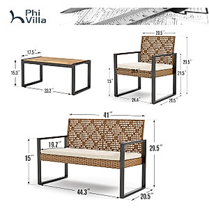 PHI VILLA Wicker Patio Furniture Set for 4, Rattan Loveseat & Chairs with Beige Cushions & Acacia Wood Coffee Table, Outdoor Modern Sectional Conversation Sofa Set for Deck, Yard, Porch
