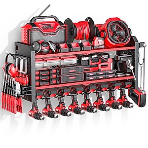Power Tool Organizer, Large 8 Drill Holder Wall Mount with 2 Side Pegboards, Heavy Duty Metal Tool Shelf with 12 Hooks, 3 Layer Cordless Tool Organizer, Power Tool Storage for Garage Organization