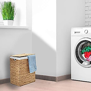 Seville Classics Premium Hand Woven Portable Laundry Bin Basket with Built-in Handles, Household Storage for Clothes, Linens, Sheets, Toys, Water Hyacinth, Rectangular Hamper