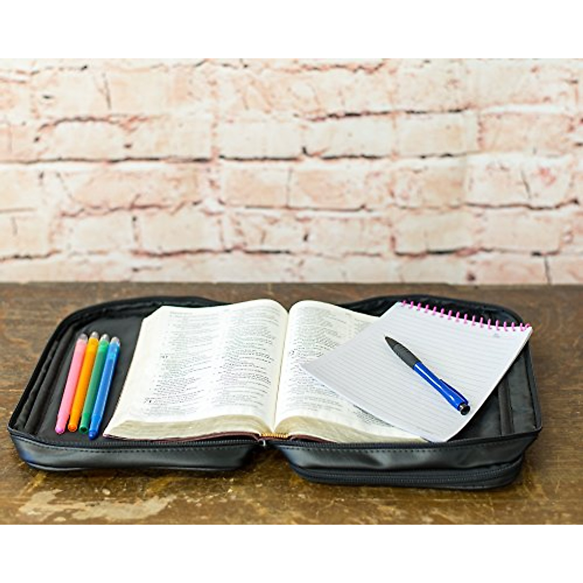 Black Leather Like Reinforced Bible Cover Case with Handle and Stationary, X-Large