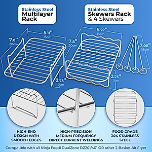 LOTTELI KITCHEN Air Fryer Rack for Double Basket Air Fryers, 304 Stainless Steel Multi-Layer Rack, Air Fryer Accessories Dehydrator Rack Compatible with Ninja Foodi DZ201/401 (6pcs Accessories)