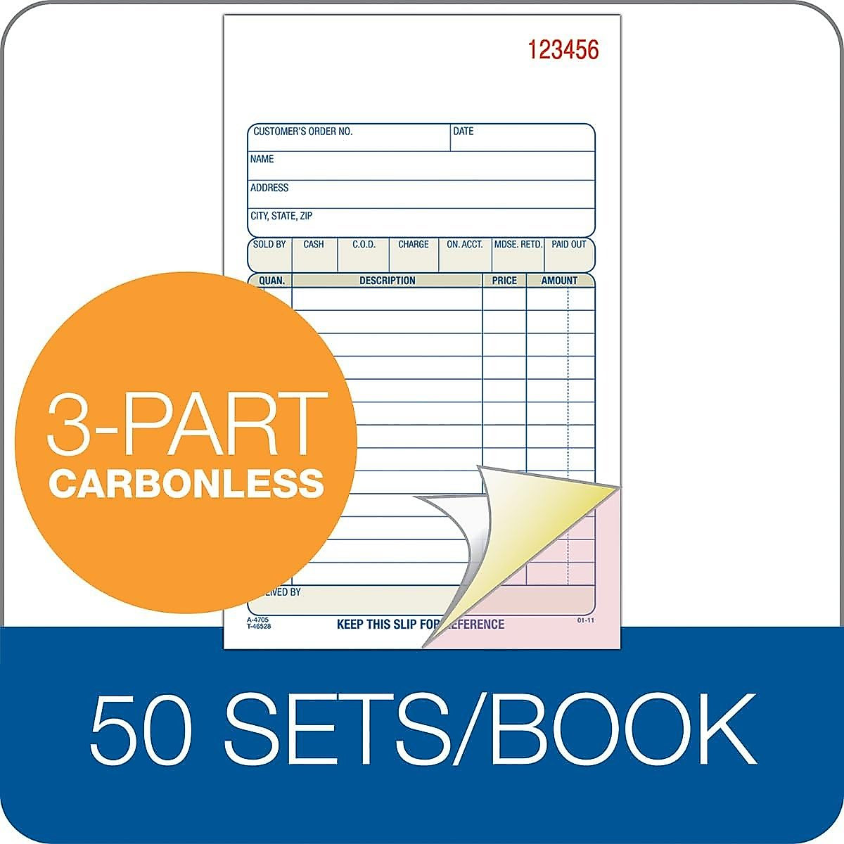 Adams Sales Order Book, 3-Part, Carbonless, 4-3/16" X 7-3/16" Inch, 50 Sets, White, Canary and Pink (TC4705)