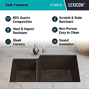 32" x 19" Quartz Kitchen Sink, 40/60 Double Bowl Kitchen Sinks, Drop-in Sink, Undermount Sink, Galaxy Mocha Kitchen Sink, Double Sink Kitchen, Grids, Strainer and Flange, Lexicon Platinum LP-4060-M