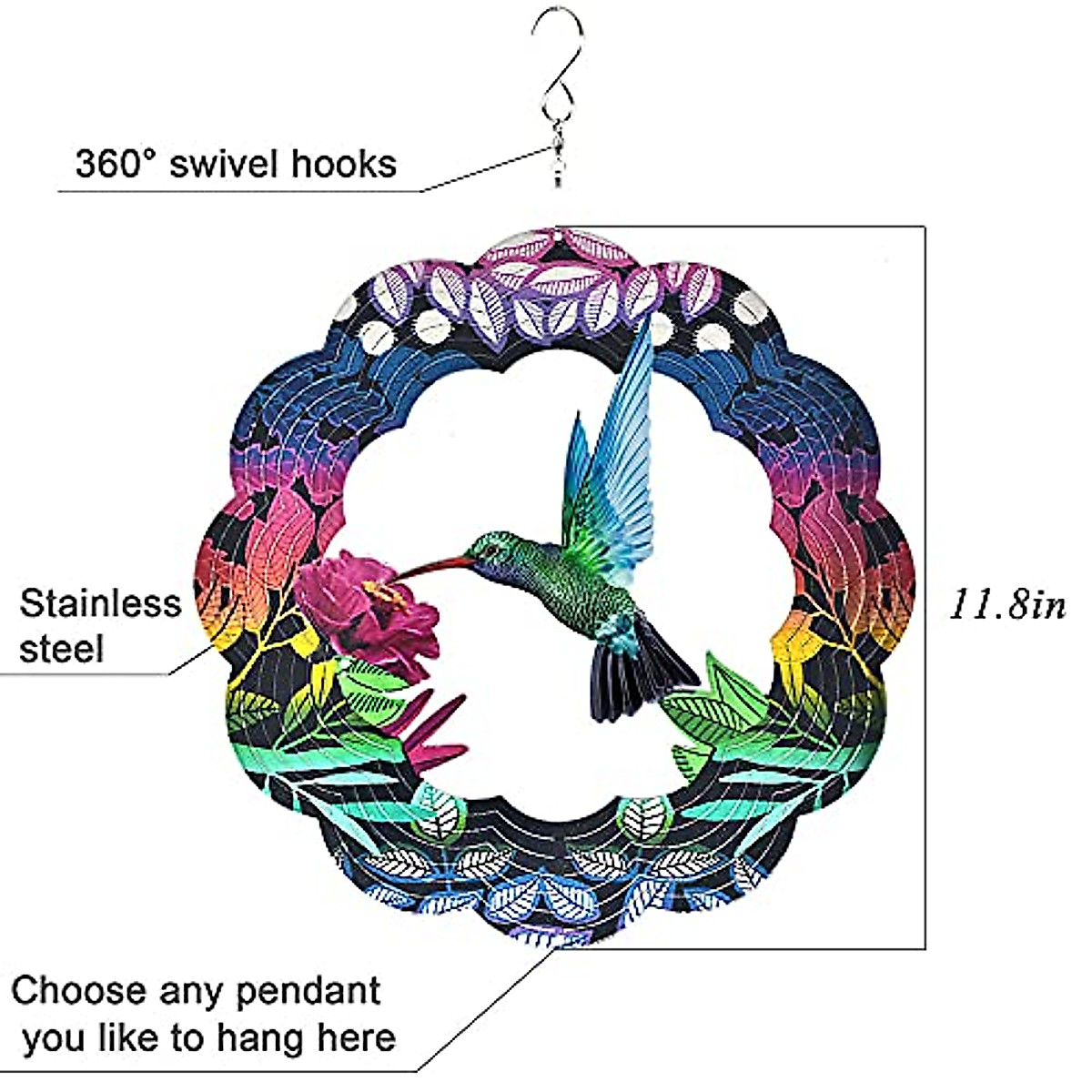 UOUDIO Stainless Steel Wind Spinner- 3D Indoor Outdoor Garden Decoration Crafts Ornaments (Hummingbird)