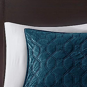 Madison Park Harper Quilt Set-Faux Velvet Casual Geometric Stitching Design All Season, Lightweight Coverlet, Cozy Bedding, Matching Shams, King/Cal King(104"x94"), Teal 3 Piece