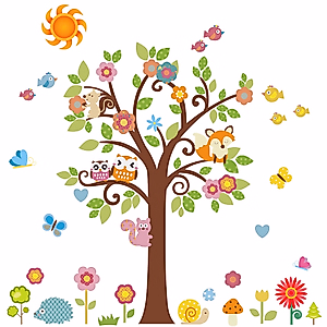 3D Removable Colorful Owls on Tree Wall Sticker Animals Flying Birds Fox with Flower Wall Decals DIY Vinyl Home Wall Art Decor for Kids Babys Girls Child Bedroom Playroom Nursery Decoration