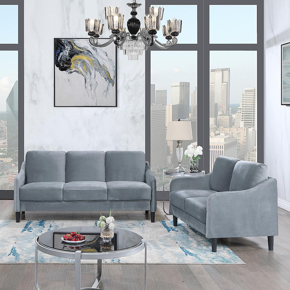 FANYE Elegant Gray 2 Accent Deep Cushions Seaters Wood Legs Loveseat Double Couch, Modern Velvet Upholstery Sofa Love Seat W/Curved Padded Armrest for Home Office Apartment Small Space Living Room