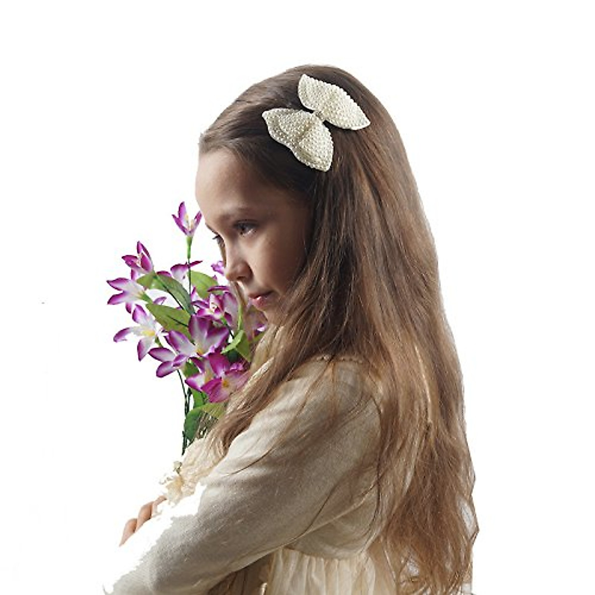 2 Pack 3.5inch White Rhinestone Hair Bows for Girls Cute Pearls Hair Bow with Alligator Hair Clips Beads Hairgrip for Kids Toddlers Teens Children