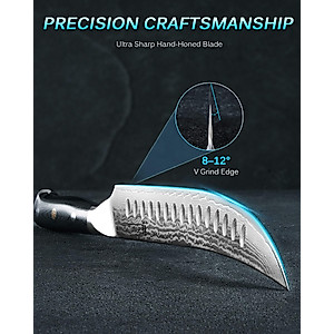 KYOKU 10" Scimitar Knife, Gin Series Cimitar Breaking Knife with Silver PVD Coating Damascus Blade, Japanese VG10 Stainless Steel Butcher Knife, Full Tang Brisket Kitchen Knife with Sheath & Case