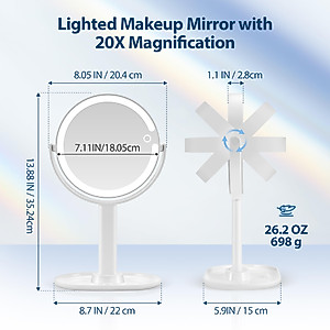 MIYADIVA Rechargeable 20X Magnifying Mirror with Light, Lighted Makeup Mirror with 20X/1X Magnification, 3 Colors Light and Adjustable Brightness, Double Sided Vanity Mirror with Light for Bedroom