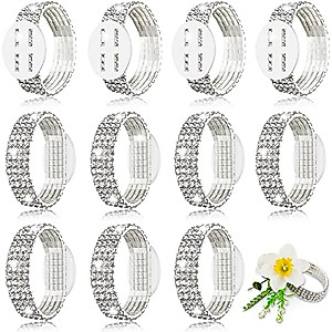 Junkin 12 Pack Corsage Bracelet Wrist Corsage Rhinestone Elastic Wrist Corsage Rhinestone Bracelet DIY Wrist Corsages Accessories for Wedding Decor Prom Ceremony Anniversary Bridal Shower (Silver)