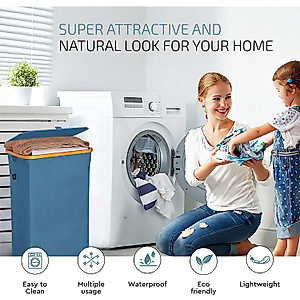 Royal Assad Large Collapsible Laundry Hamper with Lid - Foldable Bamboo Laundry Basket with 2 Removable Bags for Clothes, Towels, Bedroom, Bathroom - 27.2 Gallons (103L) - Dark Teal