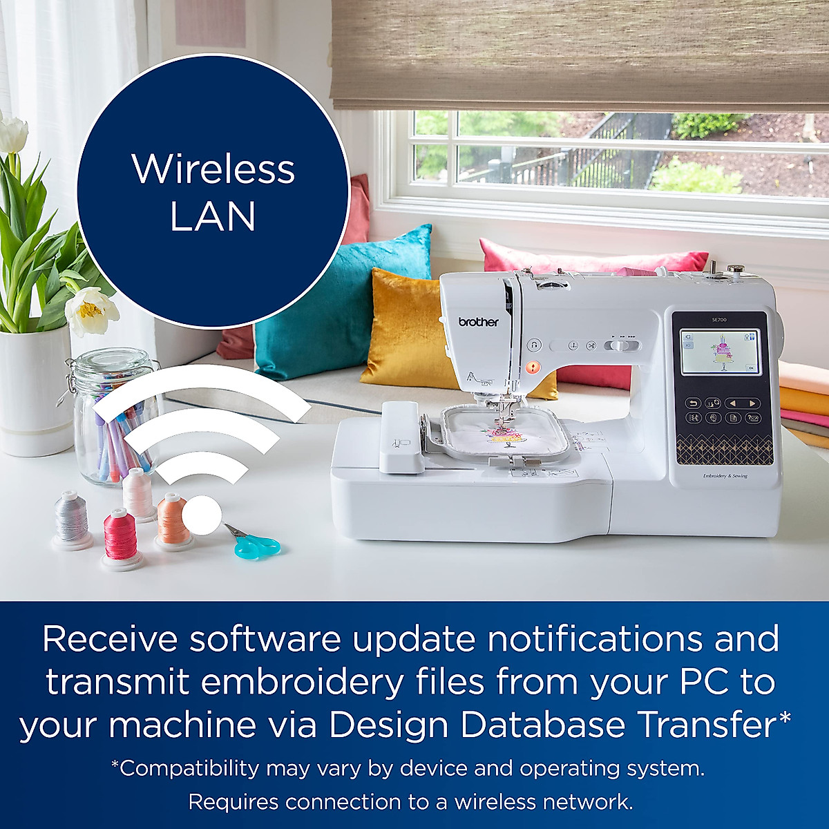 Brother SE700 Sewing and Embroidery Machine, Wireless LAN Connected, 135 Built-in Designs, 103 Built-in Stitches, Computerized, 4" x 4" Hoop Area, 3.7" Touchscreen Display, 8 Included Feet