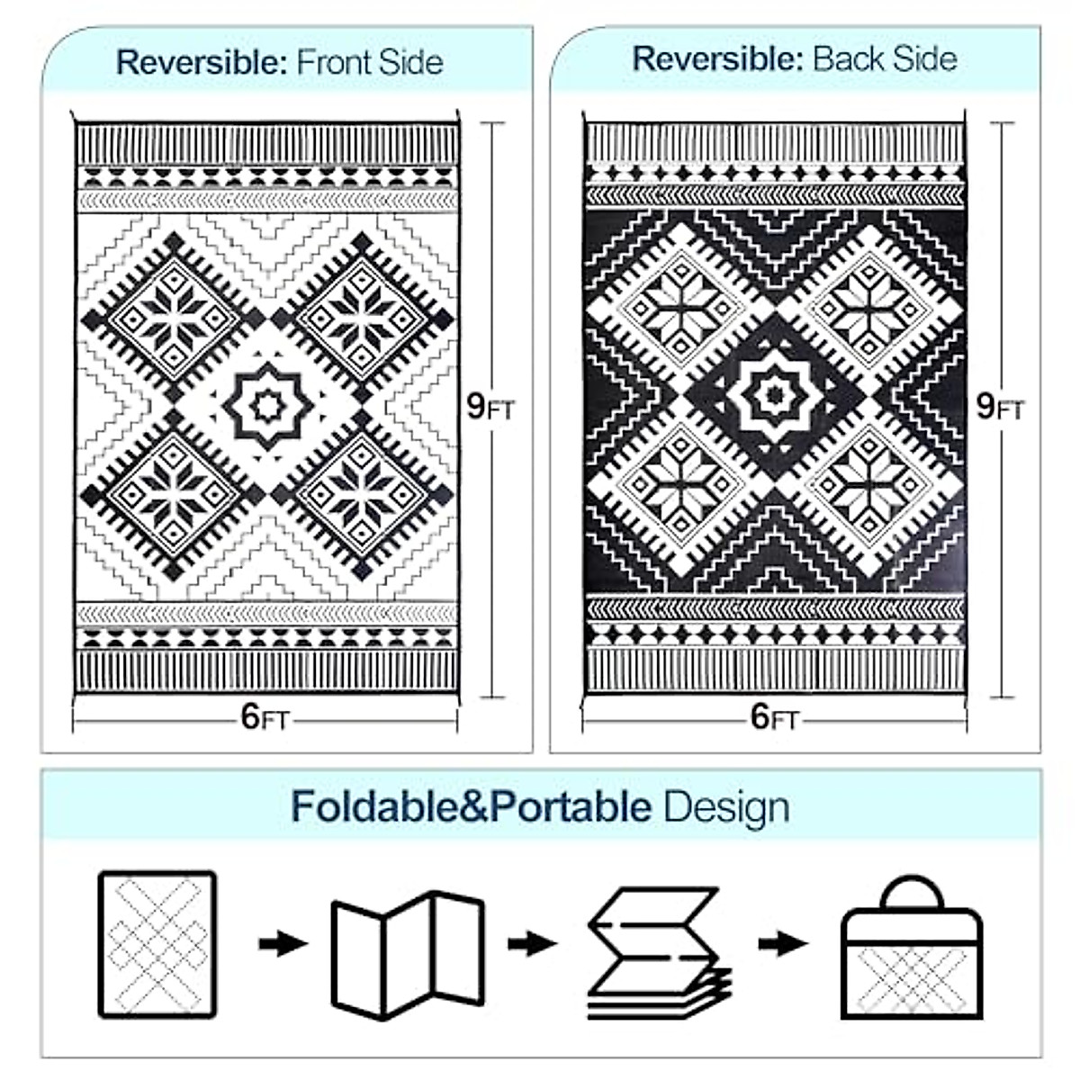 DiiKoo Outdoor Rug Mat for Patio, 6x9ft Waterproof Reversible Plastic Straw Rugs, Camping Carpet Area Mats for RV, Porch, Deck, Backyard, Balcony, Camper, Picnic, Beach, Trailer, Black & White