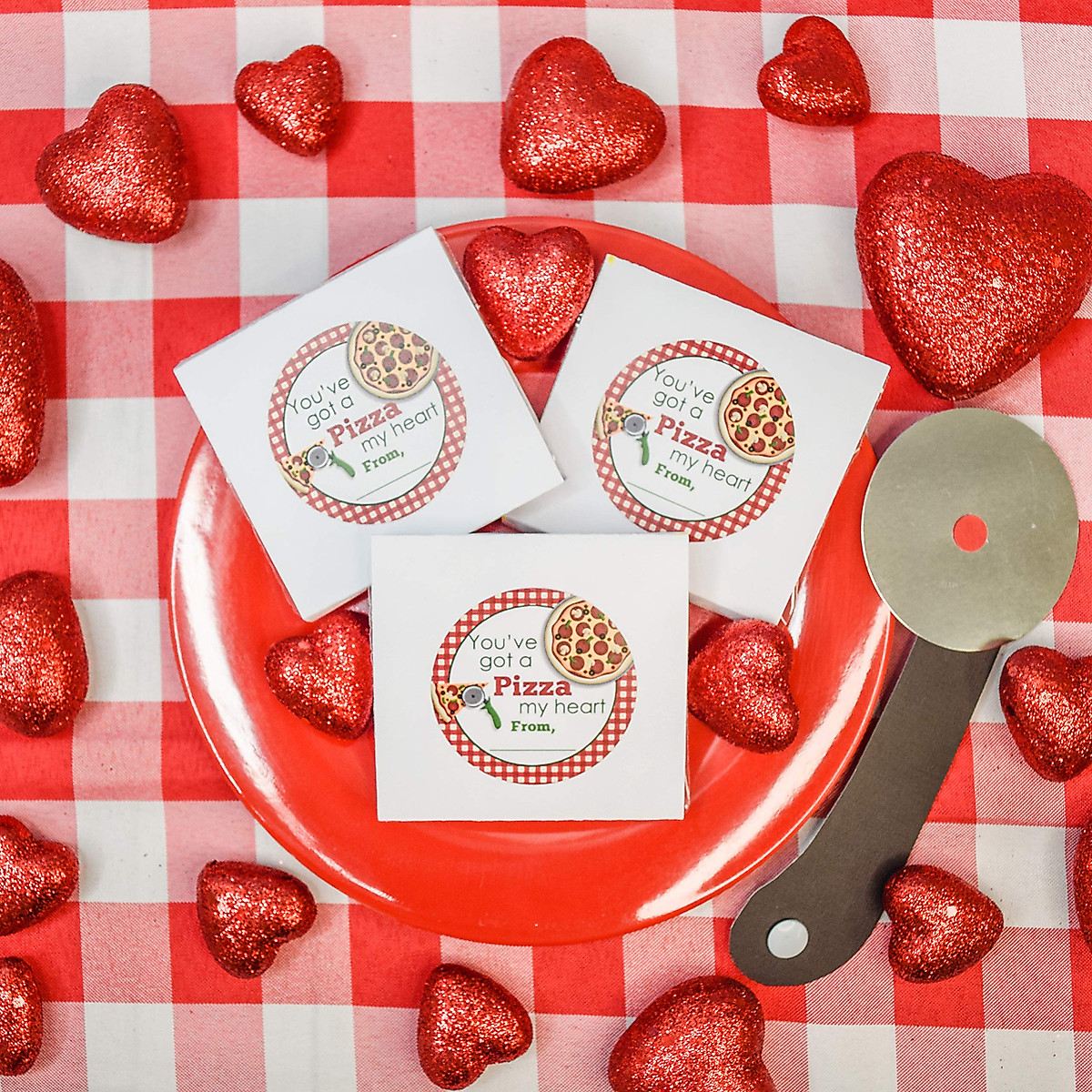 Piece Of My Heart Pizza-Themed Valentine Party Favor Sticker Labels, 40 2" Party Circle Stickers by AmandaCreation, Great for Classroom Valentines, Envelope Seals, Gifts & Treats